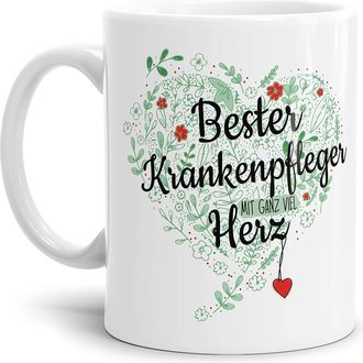 Tassendruck Berufe Tasse - Bester Krankenpfleger mit ganz viel Herz - Geschenk für den besten Krankenpfleger, als Dankeschön - Hochwertige Keramik, Weiß, 300 ml