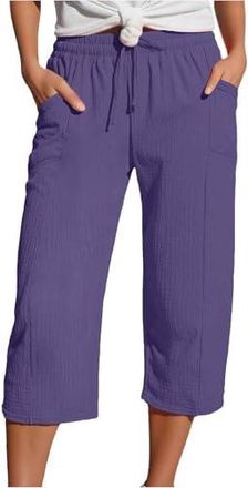 Generic Sonnena Pantalon Femme &Eacute;t&eacute; L&eacute;ger 3/4 Pantacourt Fluide Elastique avec Poches Coton V&ecirc;tement Chic Elegant D&eacute;contract&eacute;e Pants de Plage 2025
