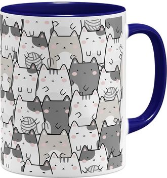 OM3 s&uuml;&szlig;e Kaffeetasse mit Katzen Cat Tasse mit Katzenmotiv Kawaii Katze | Keramik Becher | 11oz 325ml | Rundumdruck | Dunkelblau