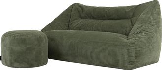 Icon Brand Cecilia Sitzsack Sofa mit Hocker, Salbeigrün, Flauschiger Cord Stoff, 2 Sitzer Sofa für Erwachsene, Riesensitzsack mit Füllung, Bequemer Sessel, Loung