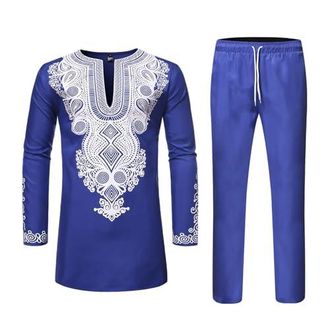 Generico Thobe Ensemble de vêtements africains pour homme Haut et pantalon 2 pièces Ensemble de vêtements africains avec imprimé Dashiki africain, bleu, XXXL