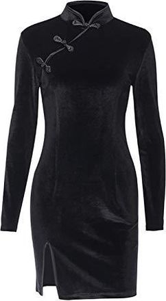 Keephen Femmes Velours Qipao Robe Style Chinois Cheongsam Harajuku Robe Slim Robe Gothique Punk Noir R&eacute;tro Mini Robe