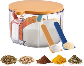 Generic Gewürzbehälter mit 2/4 Fächern: Transparente Gewürzgläser mit Löffel und Deckel für Gewürze, Zucker, Salz, Kardamon, Zimt, 1 Packung (Gelb, 4 Fächer)