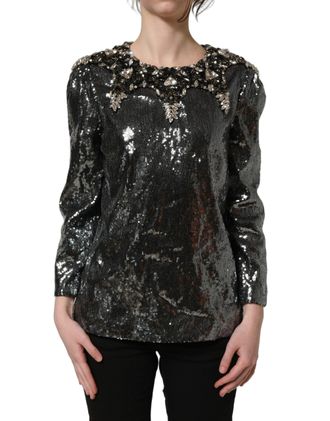 Dolce & Gabbana Womens Metallic Gray Sequin Embellished Blouse Top Polyester Glass Nylon