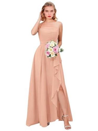 Generic Robe de demoiselle dhonneur longue sans bretelles avec fente sur les épaules dénudées et volants en mousseline de soie - Robe dinvité de mariage forme