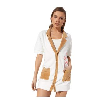 SER.O.YA Beige Wei&szlig; Kurzarm-Strickjacke - - Knitwear - Damen - Wei&szlig; - 2XS