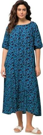 Ulla Popken Femme Grandes Tailles Robe midi &agrave; d&eacute;collet&eacute; Rond et Manches Courtes. Base volant&eacute;e et Motif vrilles Marine 58+ 831692130-58+