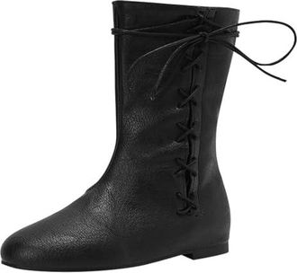 Generic Bottines pour femme, talon bloc bas, bottes m&eacute;di&eacute;vales avec sangle crois&eacute;e vintage pour cosplay, bottes courtes en cuir synth&eacute;tique avec dentelle plat