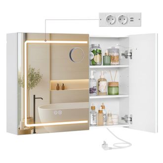 Vasagle Kailyn Kollektion - Spiegelschrank mit Beleuchtung, 16,5 x 80 x 60 cm, Badezimmerschrank, Wandschrank, Steckdosenleiste, Entfogging-Funktion, 10x Verg