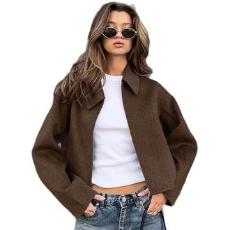 Generic Les vestes dautomne et dhiver &agrave; manches longues en laine &agrave; fermeture &eacute;clair sont des vestes tendance et amples et d&eacute;contract&eacute;es pour femme, marron, S