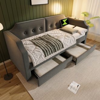 Merax REXO Sofabett Polsterbett 90x200 cm mit USB-Type-C Leselicht, Schlafsofa Tagesbett mit 2 Stauraum Schubladen, Kinderbett Jugendbett Bettgestell mit La