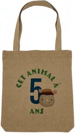 Fabulous Sac Shopping Tote Bag Aspect Lin - Cet Animal &Agrave; 5 Ans Anniversaire Celebration Enfant Cadeau Safari Theme - Sac de Courses Toile Epaisse 360g Beige Na