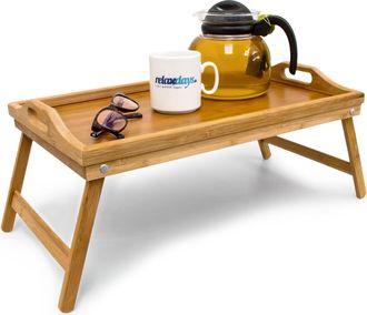 Relaxdays 2 x Betttablett klappbar, Essenstablett mit Füßen, Frühstück im Bett, Bambus & MDF, HxBxT: 23 x 60 x 30 cm, Natur