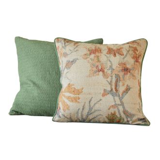 Loberon Kissenh&uuml;lle 2er Set Osorno - Zwei Designs - Floral und Unifarben - Feine Webstruktur - mit Rei&szlig;verschluss - Kissenbez&uuml;ge - Baumwolle, gr&uuml;n/beige