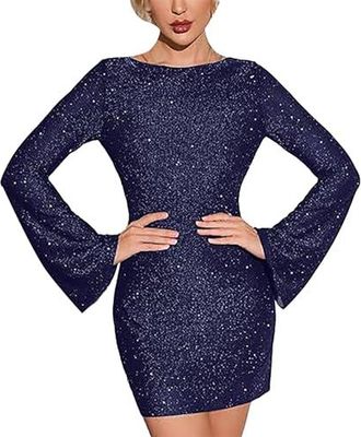 Generico Robe Femme de Soirée Cérémonie Courte, Robe Nouvel An Femme Paillettes Ligne à Ans 50 Robe de Soirée Slim Robes Élégantes Femme Robe de Cocktail pour 