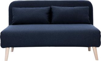Miliboo AMIKO 2-Sitzer, ausklappbar, aus dunkelblauem Stoff und hellem Holz