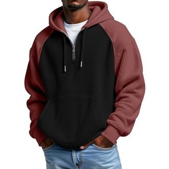 Generic Sweat &agrave; capuche pour homme - Motif gaufr&eacute; - Manches longues - Avec fermeture &eacute;clair 1/4 - Confortable - Pull en tricot d&eacute;contract&eacute; - Printemps - Autom