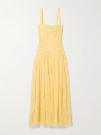 Ulla Johnson Robe Longue En Dentelle De Chantilly À Fronces Florelle - Jaune