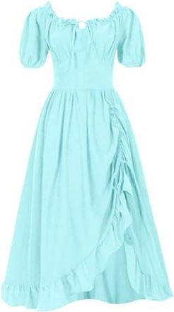 Generic Robe taille définie pour femmes, manches courtes, col carré, ligne A, volants, haute-basse avec cordon de serrage 0, bleu clair, XXL