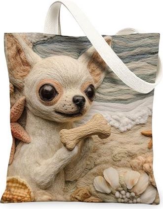 Generic Sac fourre-tout amusant en toile pour faire du shopping en forme de chihuahua 33 x 38 cm, sac &agrave; bandouli&egrave;re r&eacute;utilisable pour femme, peinture pour ani