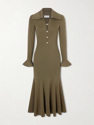 Self Portrait Robe Midi En Mailles C&ocirc;tel&eacute;es &Agrave; Ornements - Vert