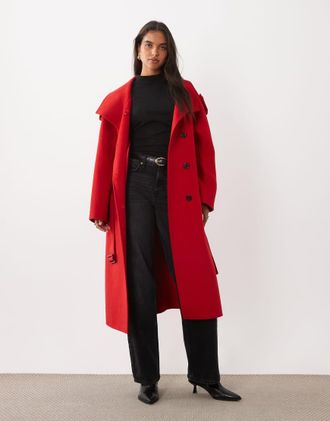 Mango manteau en m&eacute;lange de laine &agrave; col chemin&eacute;e rouge