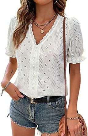 Minetom Chemise Femme Dentelle Tee Shirt Été Manches Courtes Col V Blouse Élégant T Shirt Casual Chemisier Haut Tops F Blanc XL