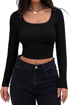 TOMWELL Crop Tops à Manches Longues pour Femmes Décontracté Couleur Unie Col Carré Fitting Basic Workout Tee Chic Blouse Fille Y2k Haut Court Slim Fit Cropped