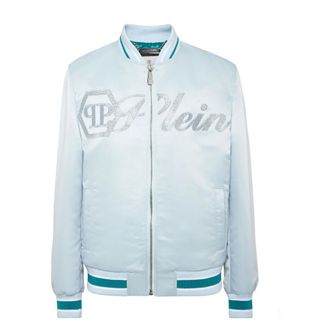 Philipp Plein Homme, Vestes, Bleu, Taille: M Satin Bomber Jacket Logo Strass