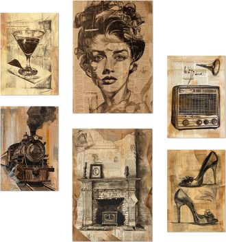 Nacnic 6er-Set Vintage-Leben. Wein, Schleppschuhe, Radio, Frau. Wein, Schleppschuhe, Radio, Frau Poster mit Designillustrationen zur Dekoration der W&auml;nde Ihr