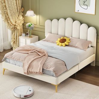 Suky Brand Polsterbett Doppelbett 140x200 cm, Bettgestell mit Lattenrost und Kopfteil, Erwachsenen-Jugendbett-G&auml;stebett in hautfreundlichem Samtstoff (Beige)