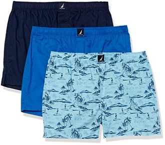 Nautica Cotton Woven 3 Pack Boxers Caleçon Boxeur, Spinner Bleu/Peacoat/Tropical Scenic Print, Large (Lot de 3) Hommes