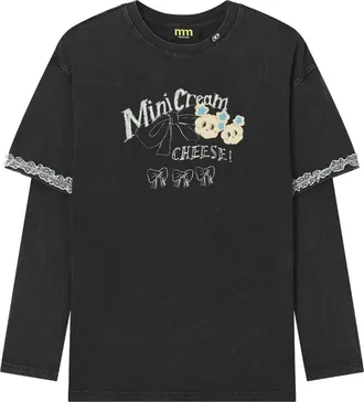 Mini Cream Langarmshirt mit Spitzenbesatz - Schwarz