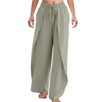 Generic Robe boh&egrave;me 2026 pour femme, pantalon d&eacute;t&eacute; &agrave; jambes larges, fente lat&eacute;rale fluide, palazzo, pantalon de plage taille haute, gris, XXL