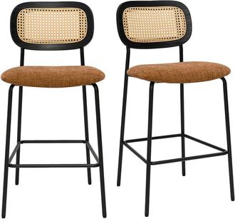 Miliboo Tabourets design en tissu effet velours textur&eacute; terre brul&eacute;e, m&eacute;tal noir et cannage rotin (lot de 2) MIRANDA