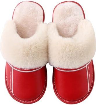 Generic Pantoufles en Peluche en Cuir pour Femmes pour Lautomne Et lhiver, Chaussures De Maison Imperm&eacute;ables,Rouge,40 EU