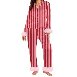 Generic Ensemble de pyjama en satin pour femme - V&ecirc;tement de nuit imprim&eacute; coeur - Haut et pantalon boutonn&eacute;s - Tenue 2 pi&egrave;ces - Pyjama en soie doux et confort