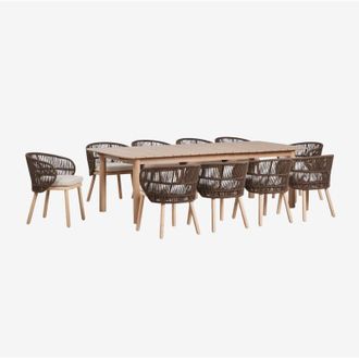Sklum Set aus rechteckigem ausziehbarem Tisch 250-310x105 cm Duala und 10 Gartenst&uuml;hlen aus Akazienholz und geflochtener Capri-Schnur Braun Choco