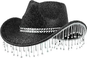 Generic Chapeau western en cuir avec paillettes et pendentifs pompons, chapeaux de cowboy &agrave; la mode musique et danse chapeaux &eacute;l&eacute;gants chapeaux cowboy chapeau