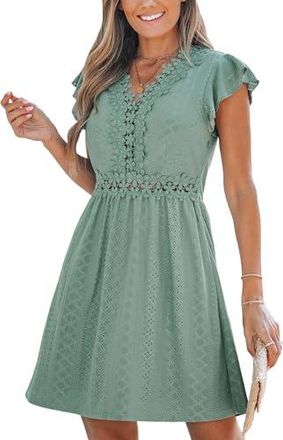 Cupshe Robe dété décontractée pour femme, col en V, appliques en dentelle, manches courtes, mini robe de plage, vert sauge, Taille XL
