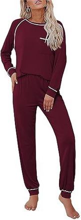 Ekouaer Pyjama Femme Coton Ensembles de Pyjama Femme Hiver Manches Longues Col Rond Pyjamas Top Pantalon Doux Vin Rouge
