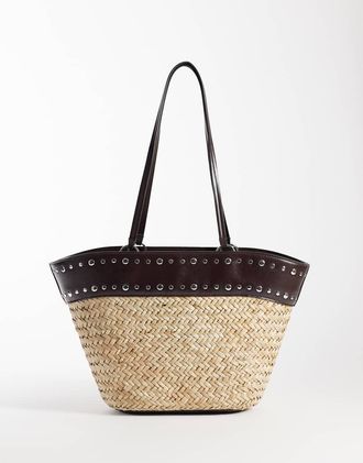 Mango Sac port&eacute; &eacute;paule effet tress&eacute; avec bordure clout&eacute;e en similicuir - Beige-Neutre