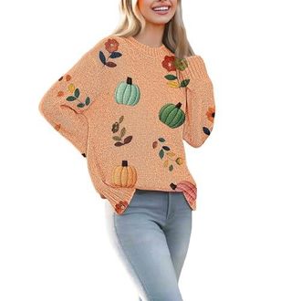 Generic Joli pull tricoté surdimensionné à manches longues et col rond pour femme, pull dhiver décontracté en tricot imprimé floral pour femme, doux, chaud et