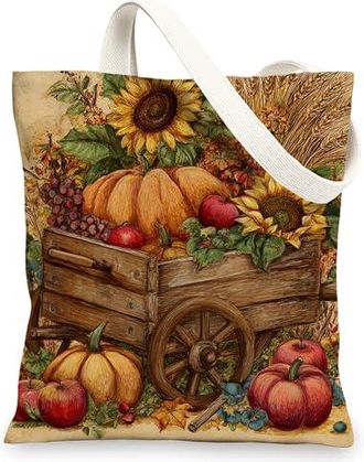 Generic Sacs fourre-tout en toile dautomne réutilisables, motif citrouille rustique, sacs dépicerie vintage, légers et lavables, sacs en toile pour voyage, pl