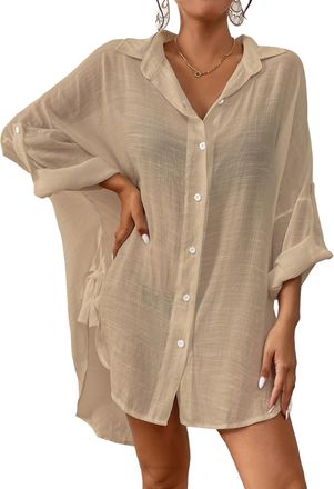 Bsubseach Frauen Button Down Strand Shirt Cover Up f&uuml;r Bademode Bluse Tops Aprikose L