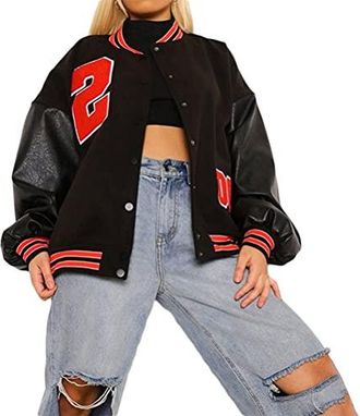 ORANDESIGNE Veste de Baseball Femme Broderie Lettre Jacket Blouson Casual Zipper College Jacket Veste de Couple Unisexe Manteau Court Utility Jacket Veste de Surv