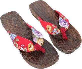 Yardwe Sandales Japonaises Bois pour Femmes Sabots Style Traditionnel Motifs Floraux Rouges L&eacute;g&egrave;res et Durables Adapt&eacute;es pour Marche et C&eacute;l&eacute;brations