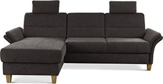 Cavadore Eckcouch Wyk mit Federkern / Ecksofa im Landhaus-Stil mit Longchair, 2 Kopfstützen + Holzfüßen / 252 x 90 x 162 / Chenille, Braun