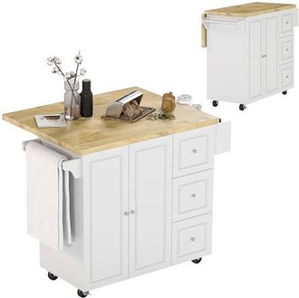 HOMCOM Desserte de Cuisine sur roulettes, &icirc;lot Central Cuisine avec Plateau en Bois dh&eacute;v&eacute;a, 3 tiroirs, 1 Placard, 2 Portes, Porte-torchons et Porte-&eacute;pices, 1
