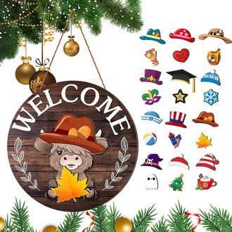 Generic Austauschbares Willkommensschild aus Holz, Holzschild mit Magnetischem Abnehmbaren Gnome-Hut, DIY Wechselbare Willkommensschilder, Holzdeko f&uuml;r Haust&uuml;